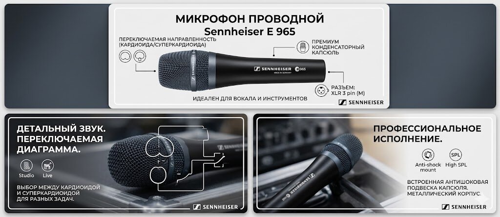 Микрофон проводной Sennheiser E 965, разъем: XLR 3 pin (M), черный