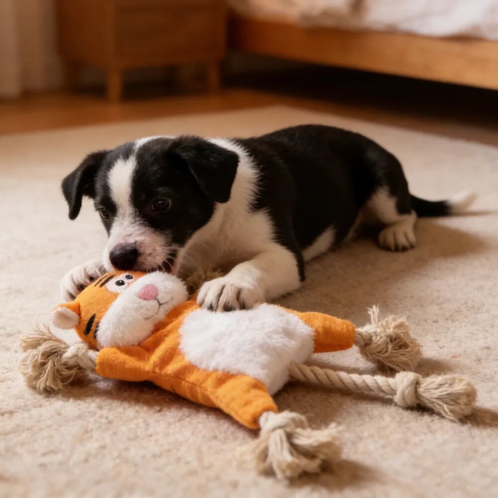 Игрушка для собак из plush и каната, пищащая, с шуршащей бумагой, для вытягивания, ручная работа, обезьяна кролик тигр