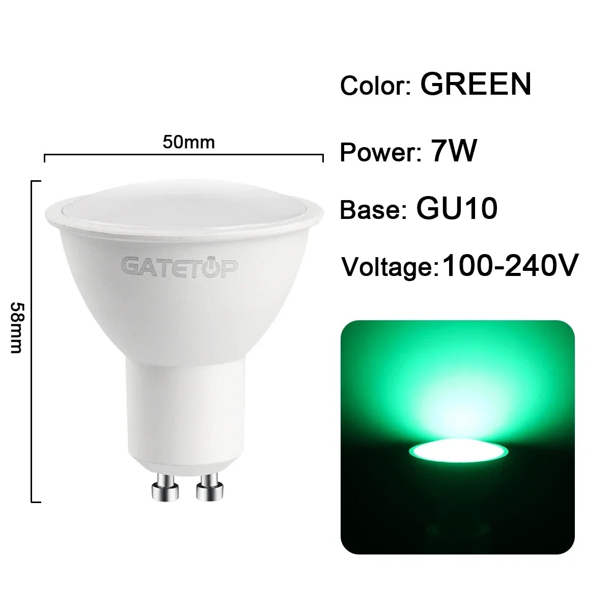 Светодиодная лампа Gatetop Green GU10 7W 100-240V