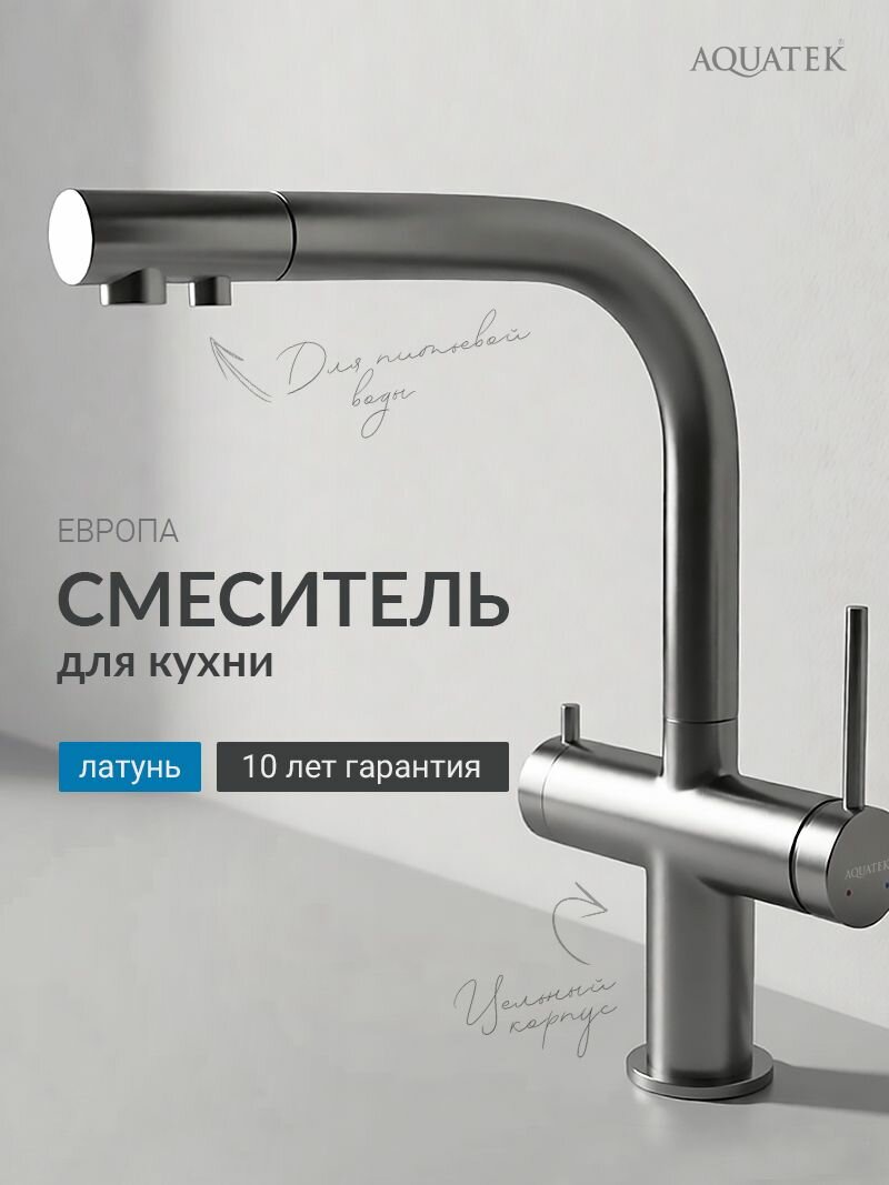 Смеситель для кухни с краном под фильтр для питьевой воды Aquatek Европа AQ1385BGM оружейная сталь