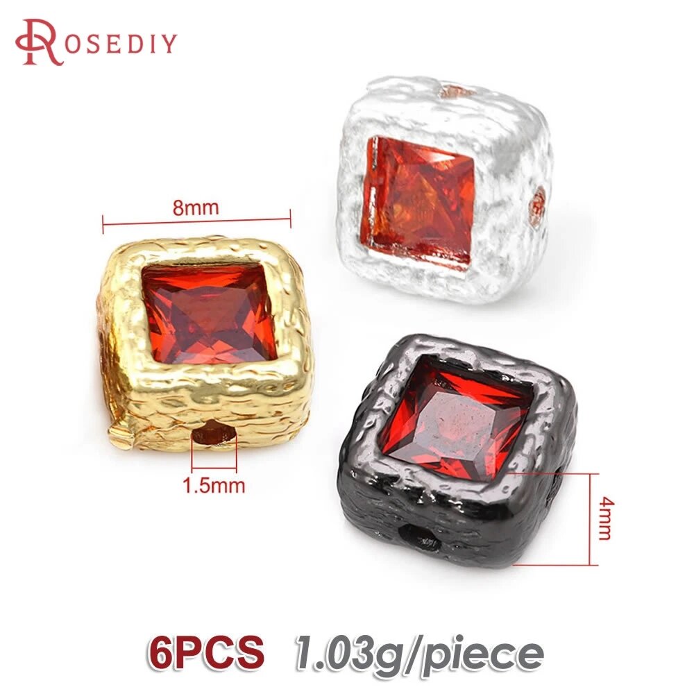 Rosediy латунные бусины-разделители квадратные с цирконами 6 шт Красный, 18K Gold Color, 8MM 6PCS
