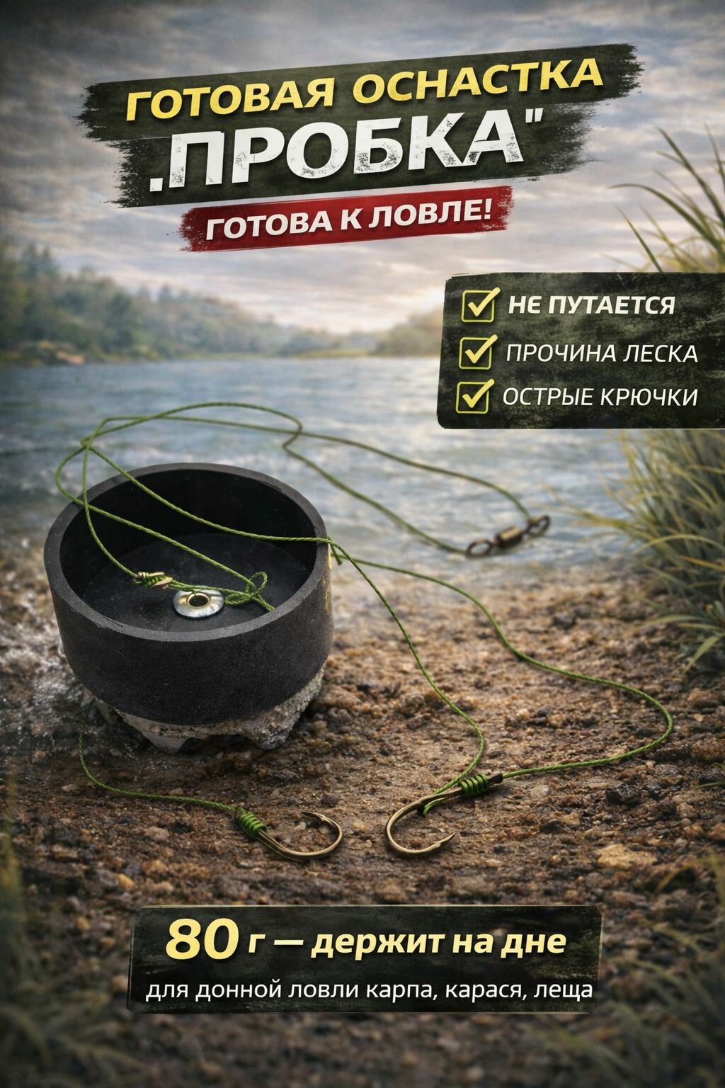 Оснастка "Пробка" 80 г для рыбалки на карпа и карася, донная снасть с прочной леской и острыми крючками