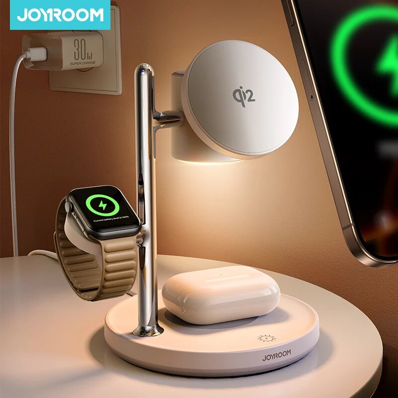 Магнитная зарядная станция Joyroom Qi2 для Apple, быстрое беспроводное зарядное устройство для iPhone 17, 16, 15 Pro Max, iWatch, AirPods JR-W23
