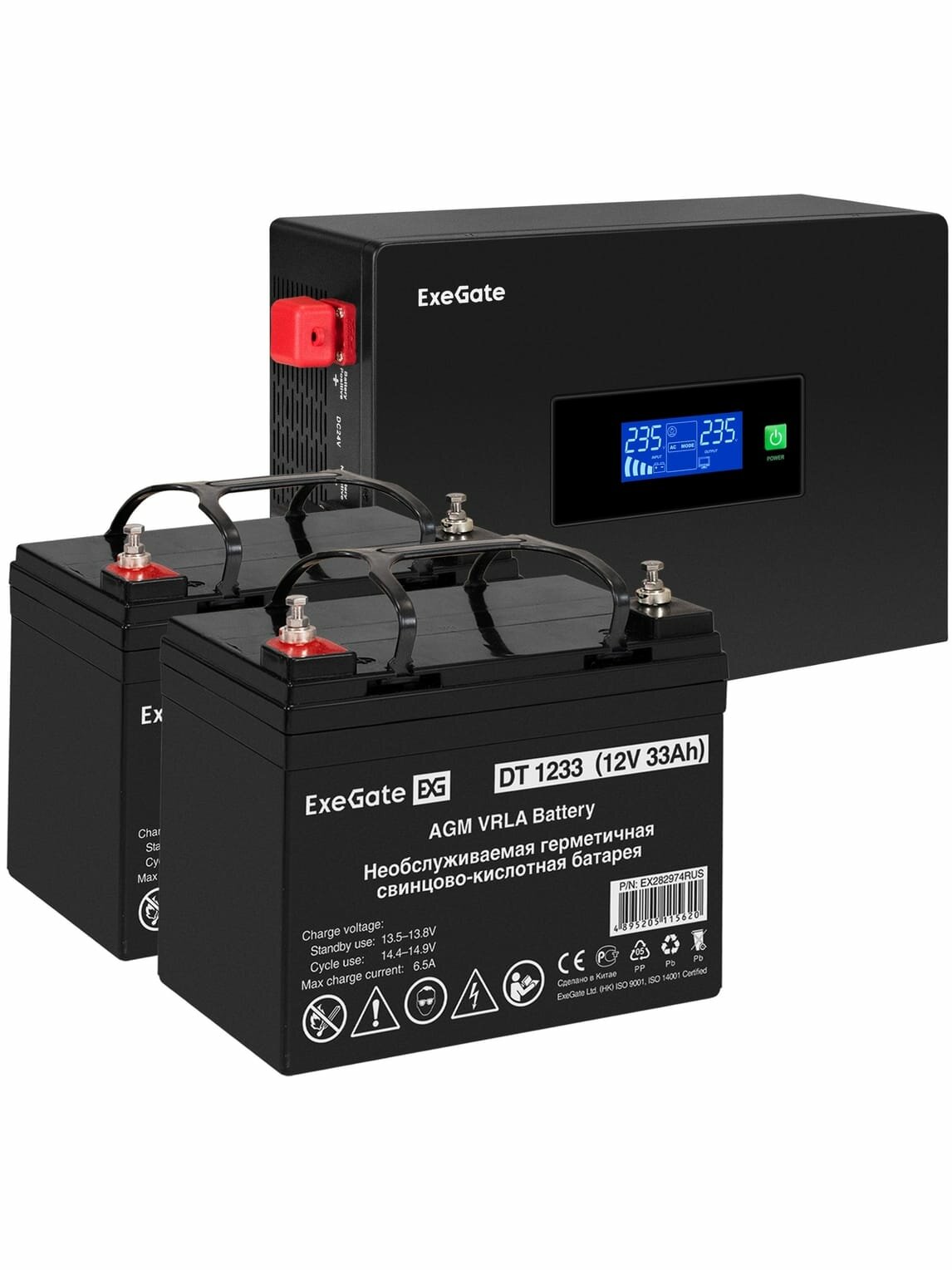 Комплект ИБП EX295994RUS + батарея 33Aч EX282974RUS 2шт (инвертор, синус, для котла, PF=1, настенный) ExeGate IdealSine SR-1500. LCD.2SH <1500VA/150