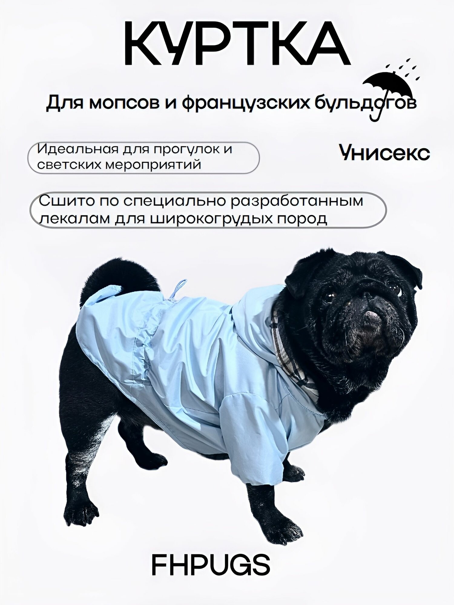 Куртка-дождевик, размер M, для мопсов и французских бульдогов, голубой, водоотталкивающий, с капюшоном