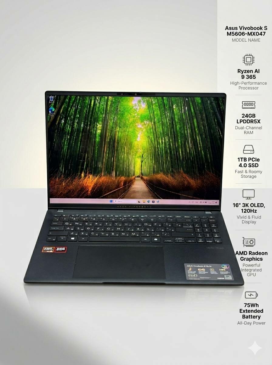 Ноутбук Asus Vivobook S M5606WA-MX047 Ryzen AI 9 365/24Gb/SSD1Tb/880M/16"/OLED/3.2K