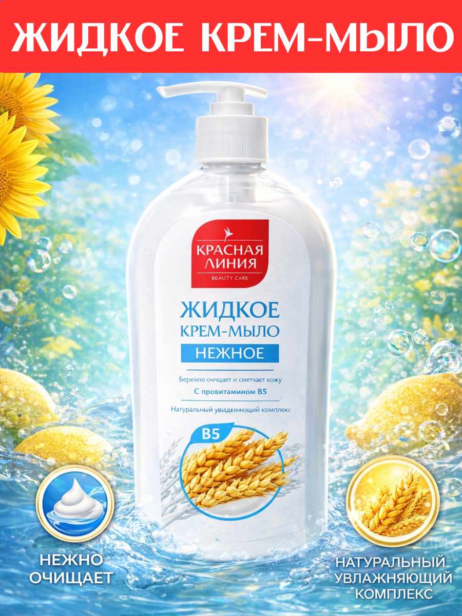Красная линия Жидкое мыло Нежное, без спирта, парабенов и силиконов, 520 мл