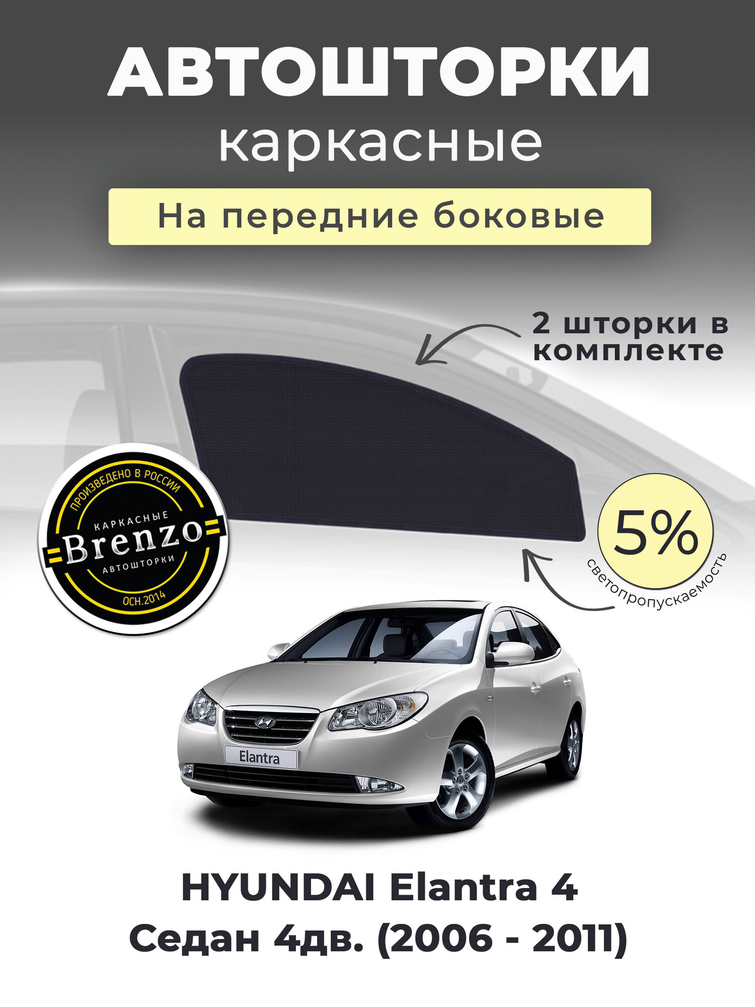 Каркасные шторки HYUNDAI Elantra 4 Седан 4дв. (2006 - 2011) на передние двери 5%, сетки от солнца в машину