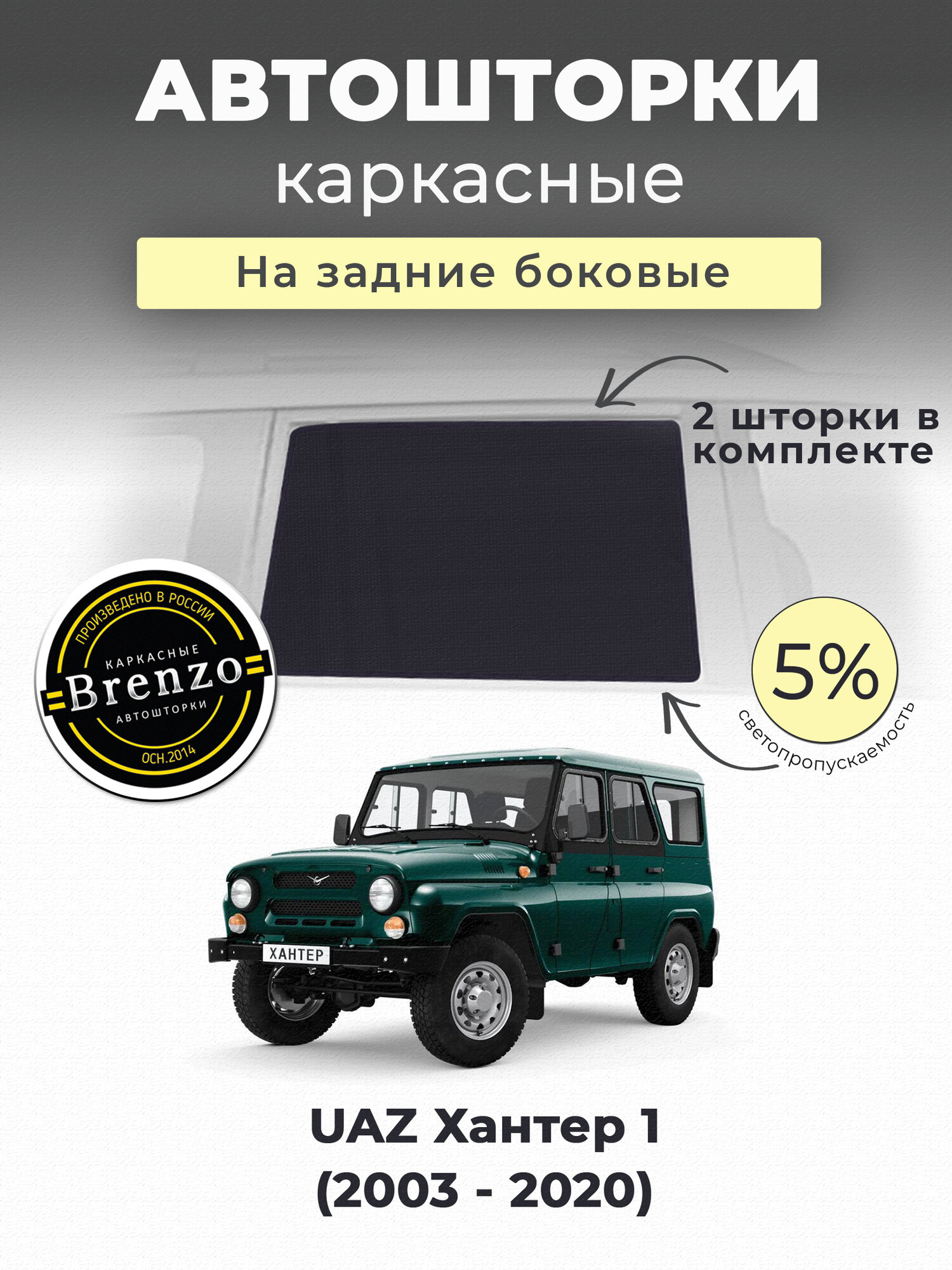 Каркасные шторки UAZ Хантер 1 Внедорожник 5дв. (2003 - 2020) на задние двери 5%, сетки от солнца в машину