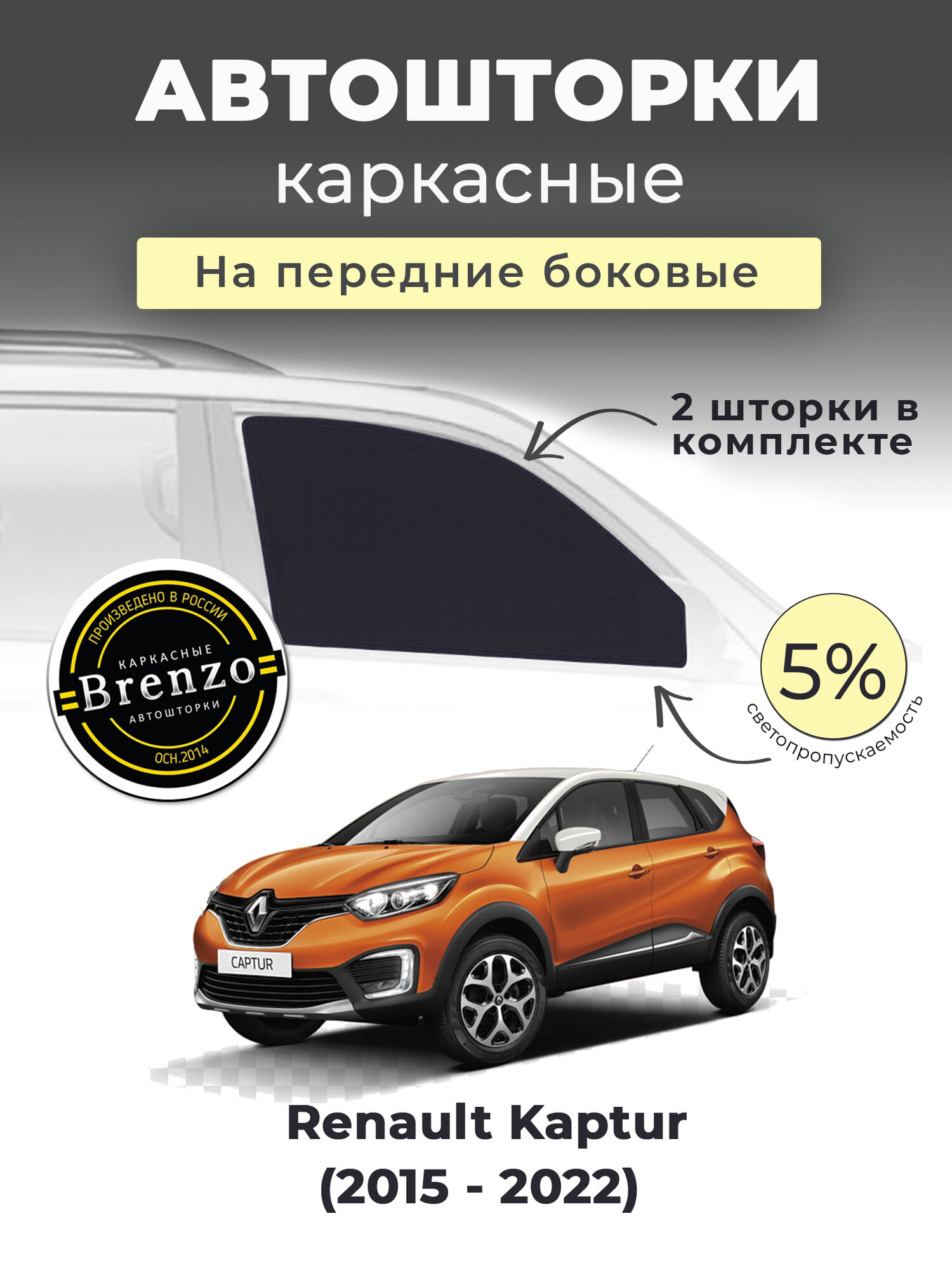 Каркасные шторки Renault Kaptur 1 5дв. (2015-НВ) на передние двери 5%, сетки от солнца в машину