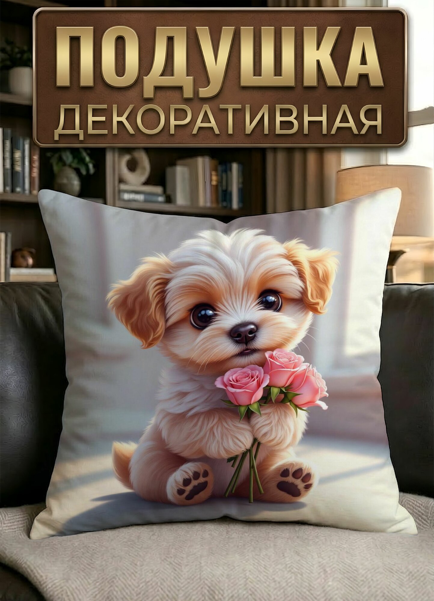 Подушка декоративная Щенок с розой