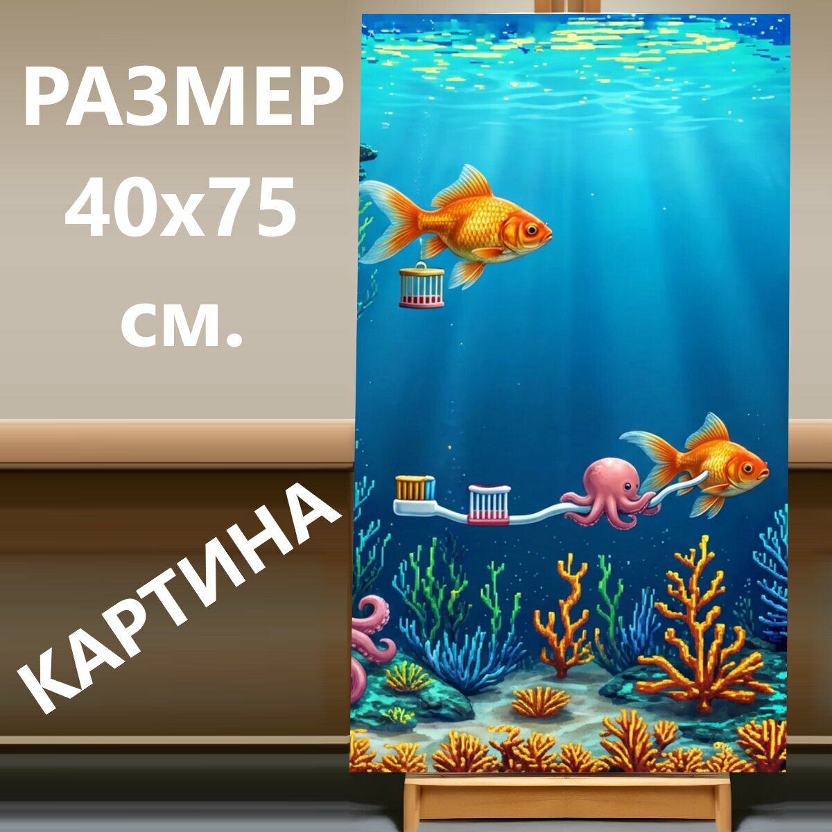 Картина на холсте "В мультфильме в стиле пиксель-арт показан подводный мир, где морские обитатели, такие как рыбы и осьминоги, заботятся о." на подрамнике 75х40 см. для интерьера
