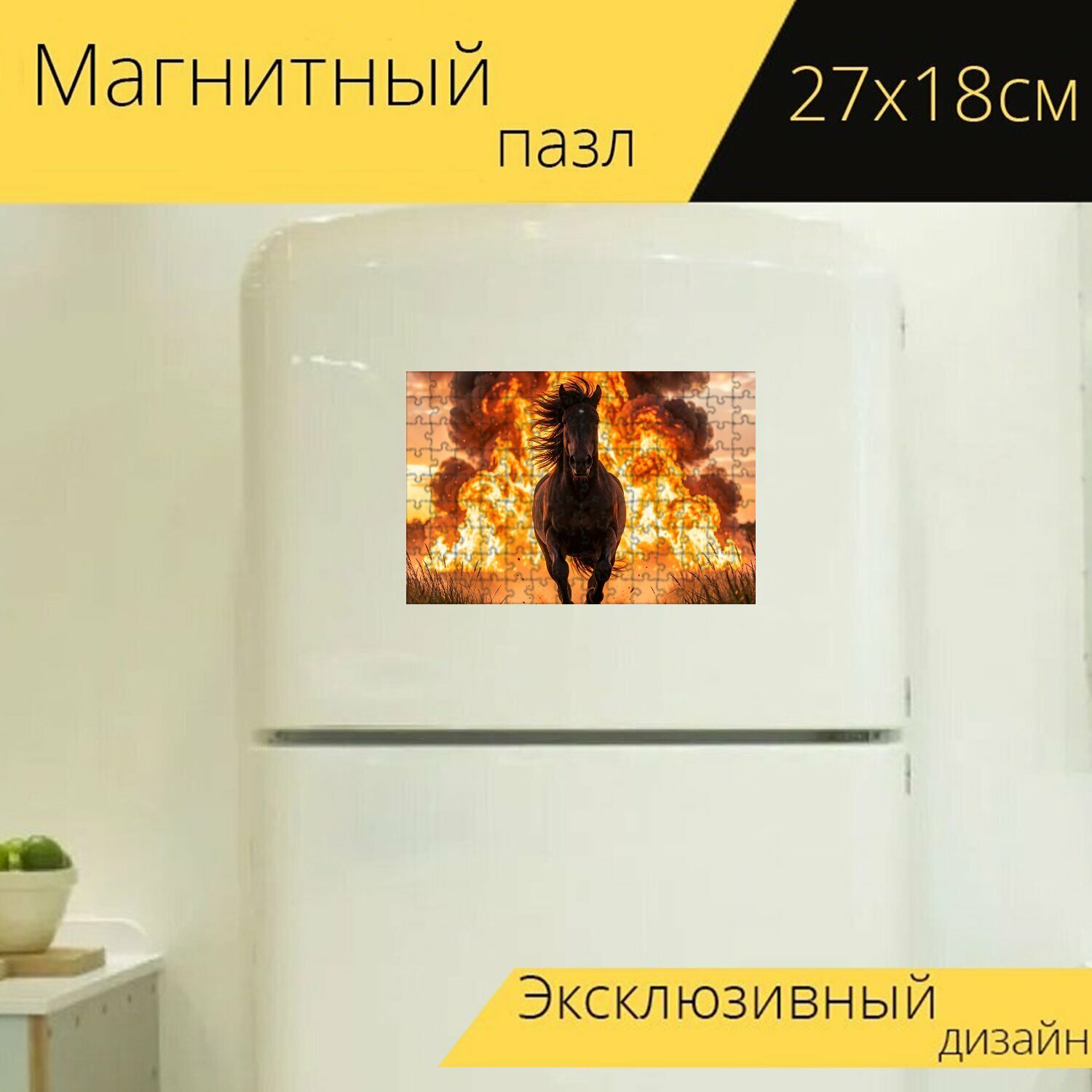 Магнитный пазл "Лошадь на фоне огненного взрыва. Драматичный динамичный сюжет: темный скакун мчится навстречу камере на фоне гигантского огненного." на холодильник 27 x 18 см.