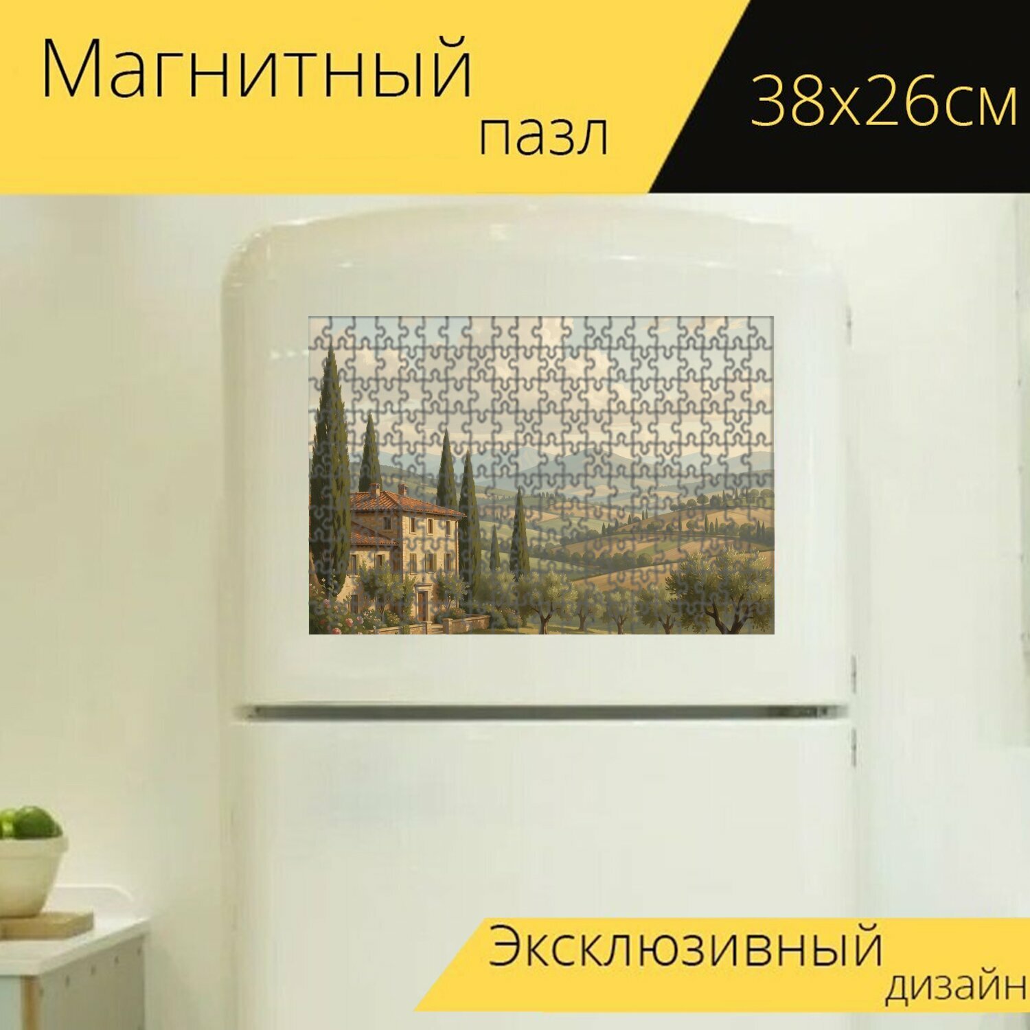 Магнитный пазл "Итальянская вилла среди кипарисов. Живописная средиземноморская усадьба среди стройных кипарисов, оливковых деревьев и холмистых полей." для интерьера, 38х26 см.