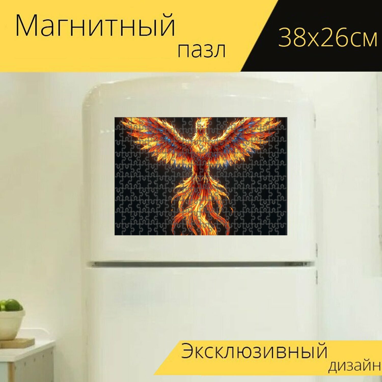 Магнитный пазл "Огненный феникс с расправленными крыльями. Мифическая жар-птица в цифровом фэнтези стиле на черном фоне. Пламенное оперение." для интерьера, 38х26 см.