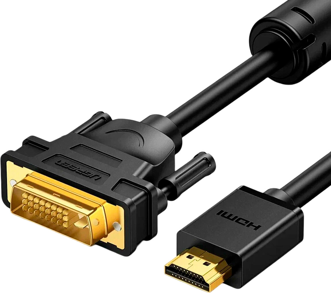 Кабель видео UGREEN HD106, HDMI (m) - DVI-D (m), 1.5м, GOLD, ф/фильтр, черный (11150)