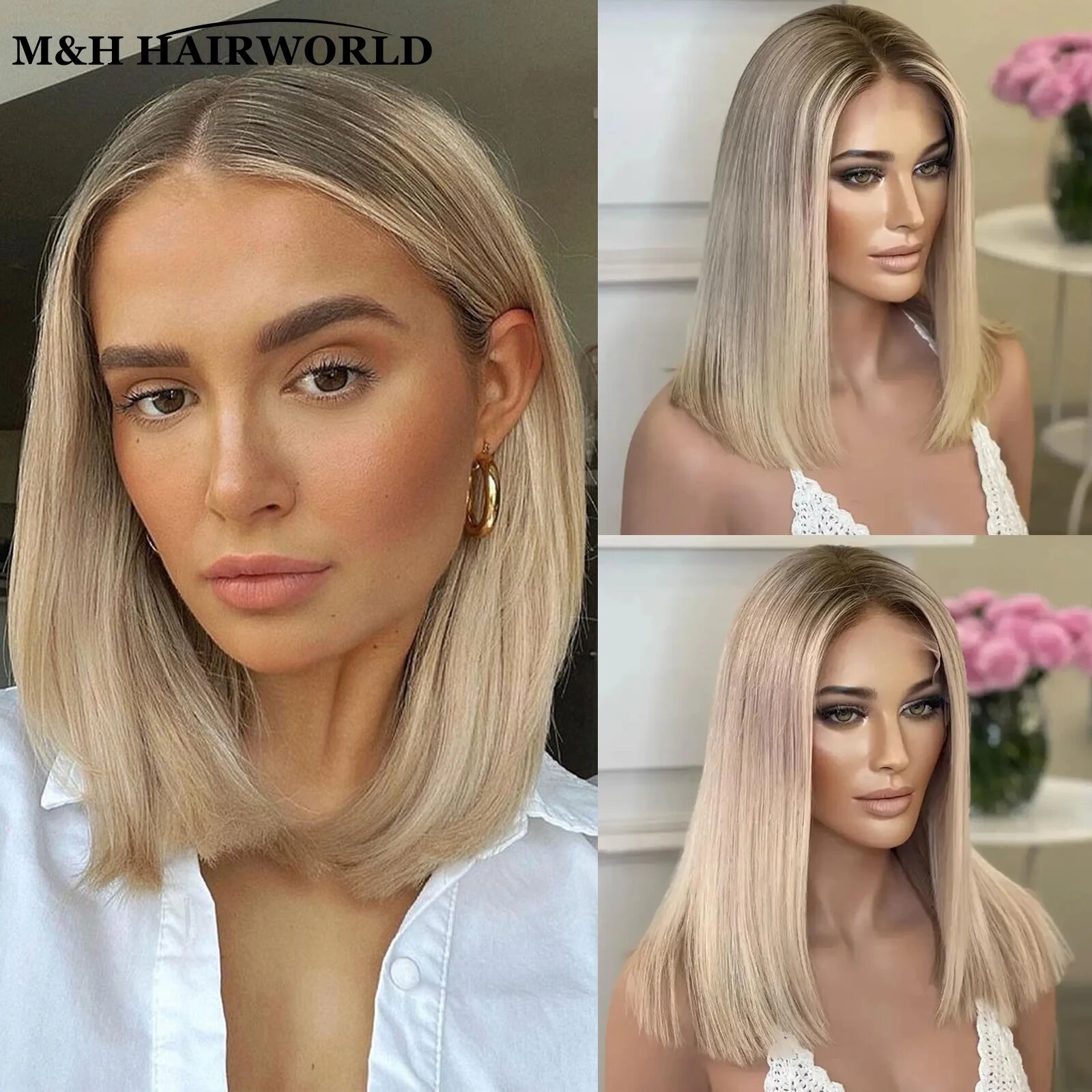Короткий пепельно-блондинистый парик боб M&H HAIRWORLD, 16 дюймов, прямой