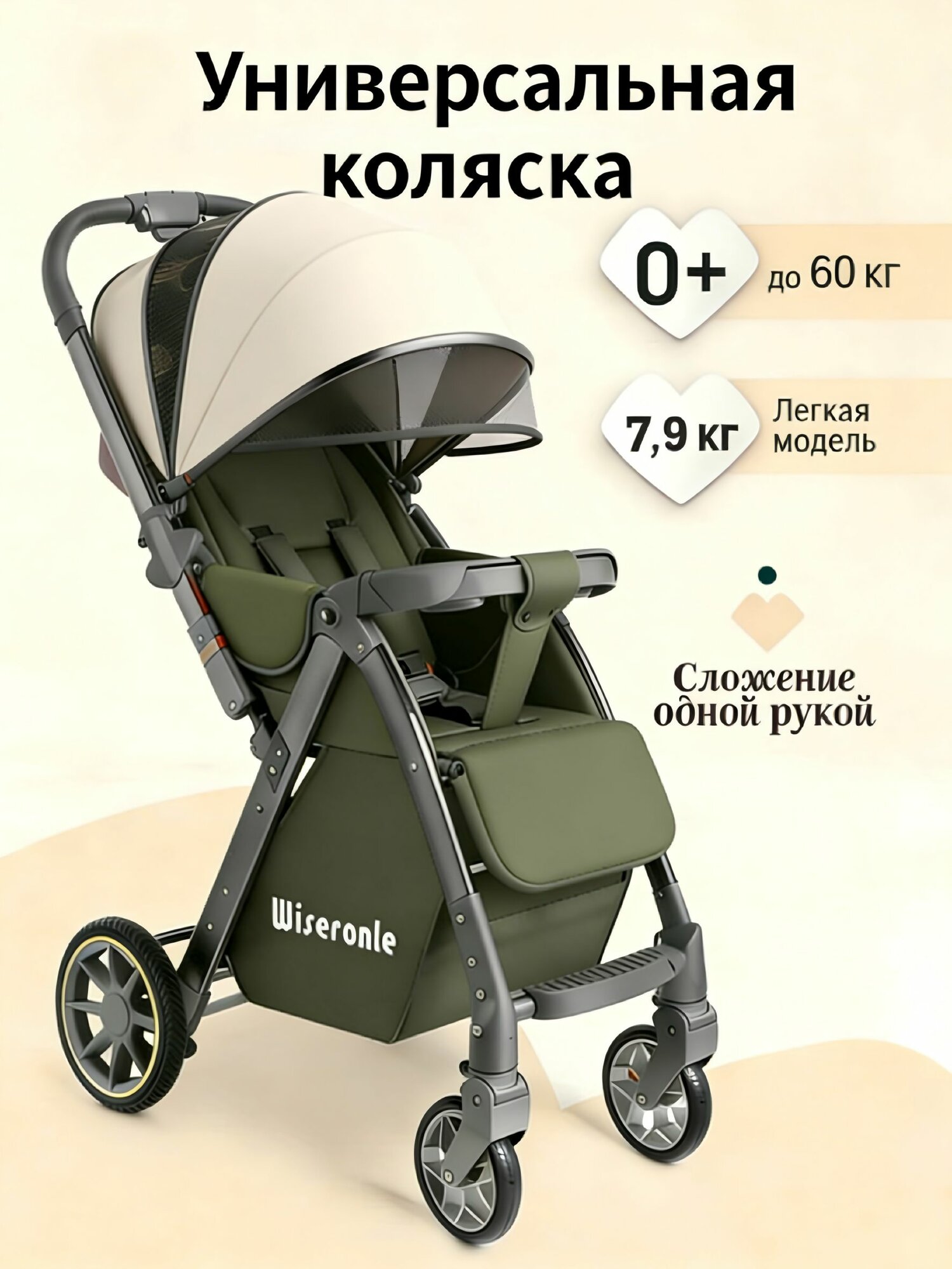Универсальная коляска 2 в 1 с большими колесами и двойной защитой для новорожденных, легкий механизм складывания, 5 уровней наклона, идеальна прогулок с малышом!
