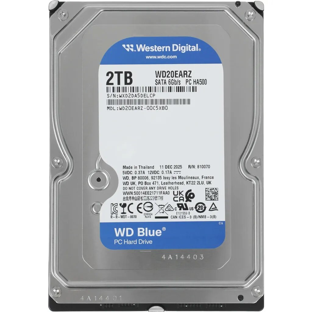 Жесткий диск WD Blue WD20EARZ, 2ТБ, HDD, SATA III, 3.5"
