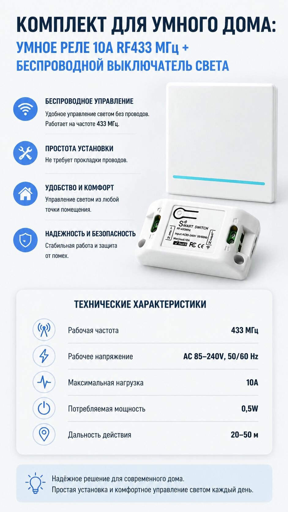 Комплект для умного дома, умное реле 10А RF433 МГц, AC85-240В+ беспроводной выключатель света, белый (СФ)
