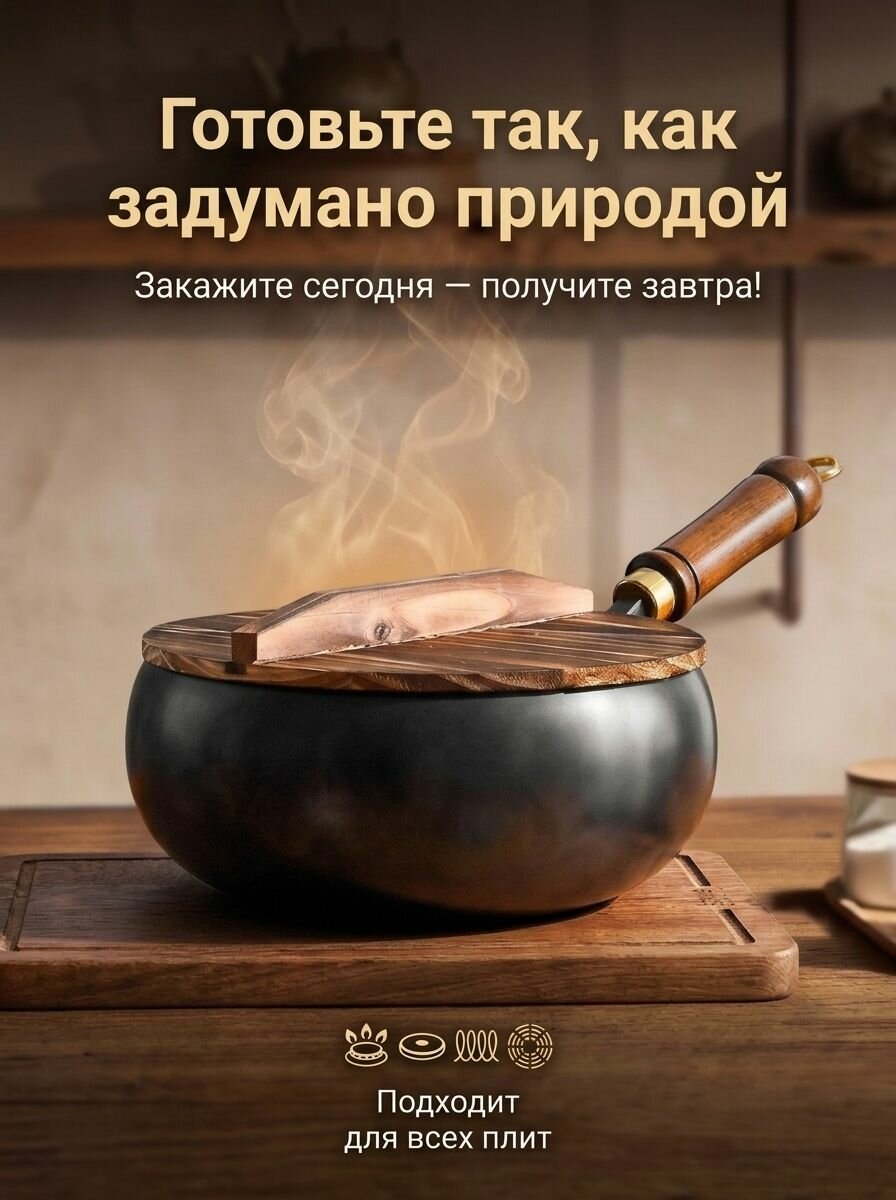 Котёл с деревянной крышкой и прижимом удерживает пар, делает вкус насыщеннее, подходит для всех плит