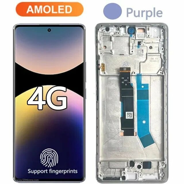 Для Xiaomi Redmi Note 14 Pro 4G, 24116RACCG, ЖК-дисплей с рамкой, сенсорный экран в сборе, фиолетовый.