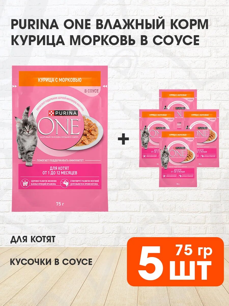 Корм влажный Purina One для котят, курица и морковь в соусе, 75 г х 5 шт