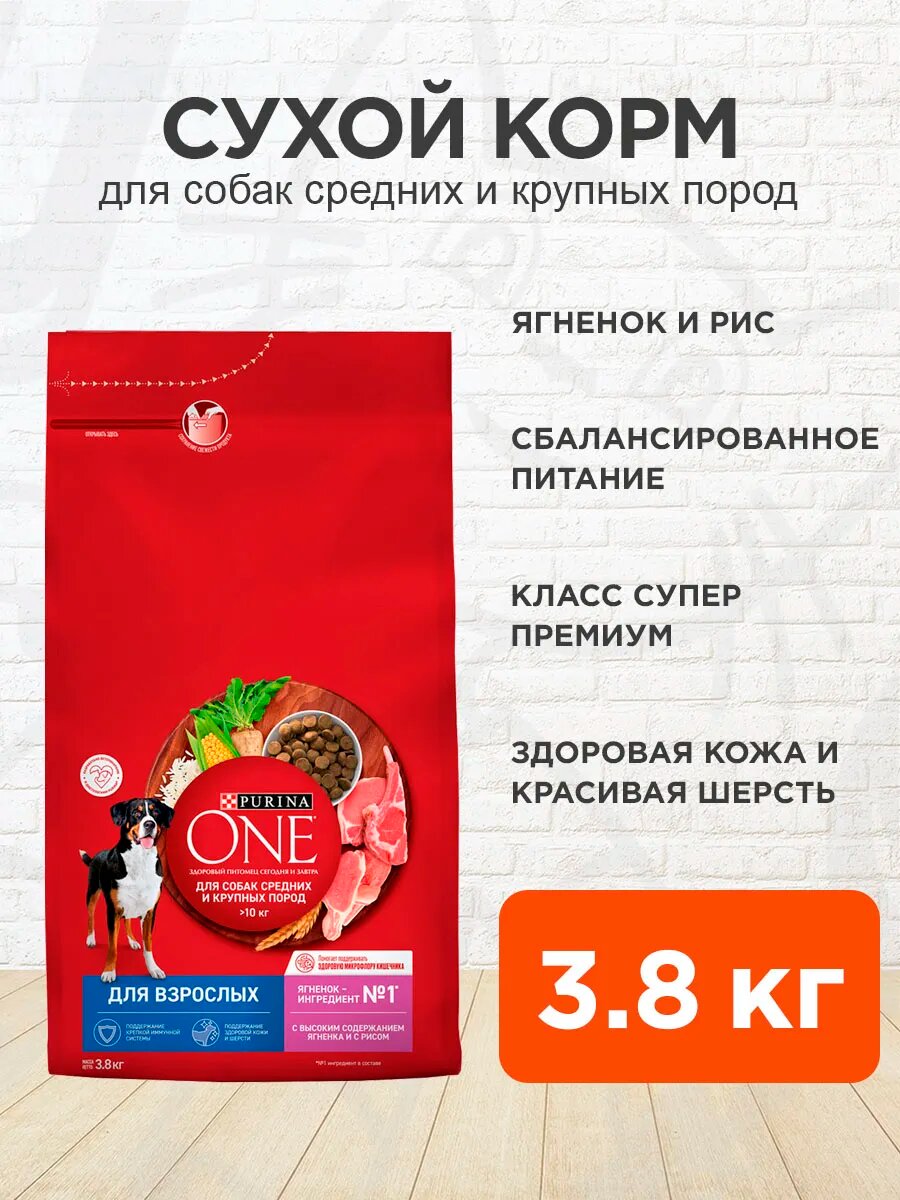 Корм сухой Purina One для взрослых собак средних и крупных пород, ягненок и рис, 3,8 кг