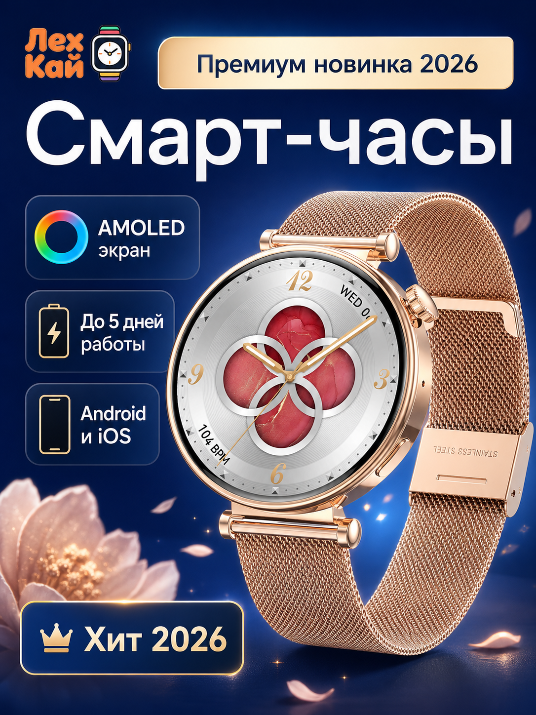 Умные часы Лех Кай женские, AMOLED 1.32", Bluetooth звонки, мониторинг здоровья