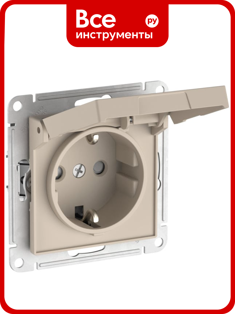 Механизм розетки Systeme Electric ATLASDESIGN с заземлением, со шторками, с крышкой, 16А, IP20, быстрозажимная клемма