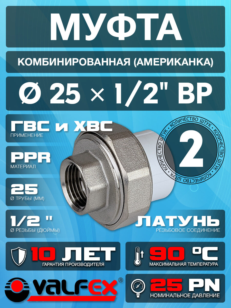 Муфта комбинированная разъемная (американка) с внутренней резьбой 25x1/2" (2 шт)