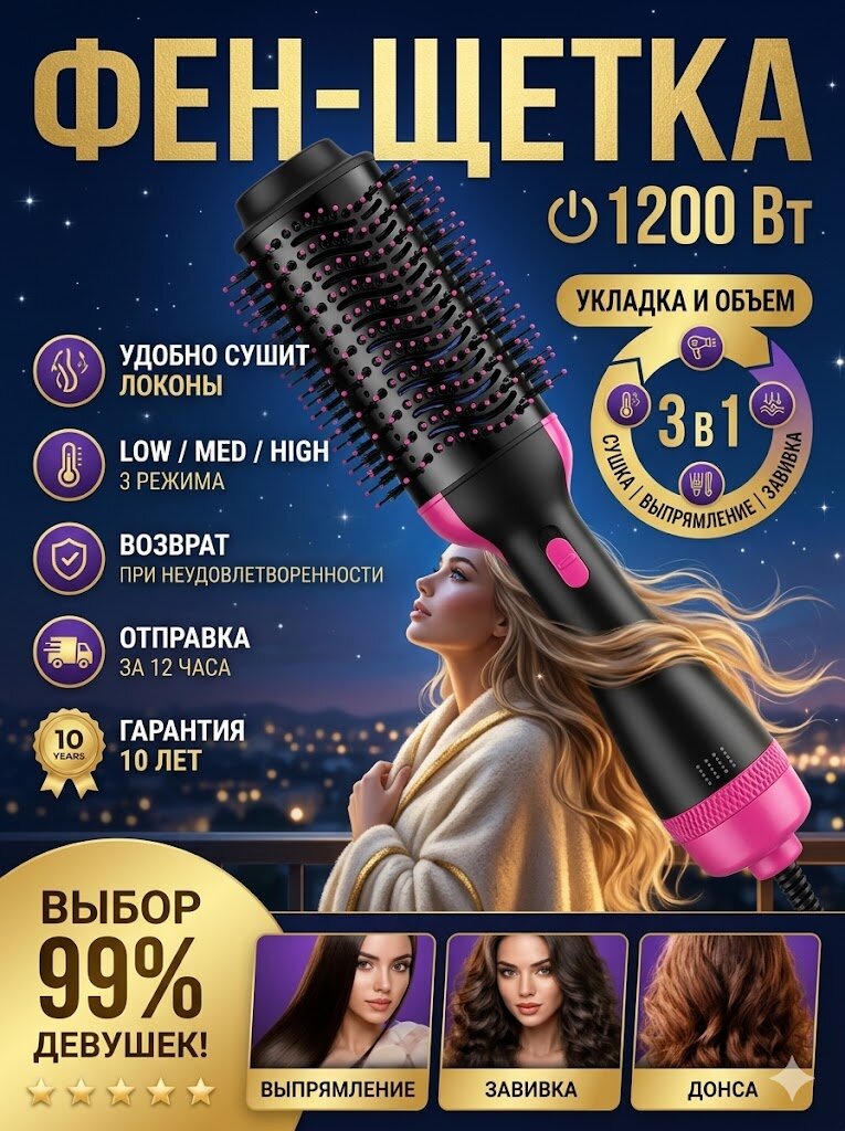 Фен-щетка для волос / Расческа с ионизацией One Step Фен-щётка (расчёска-фен) для волос Hair Dryer 3 в 1