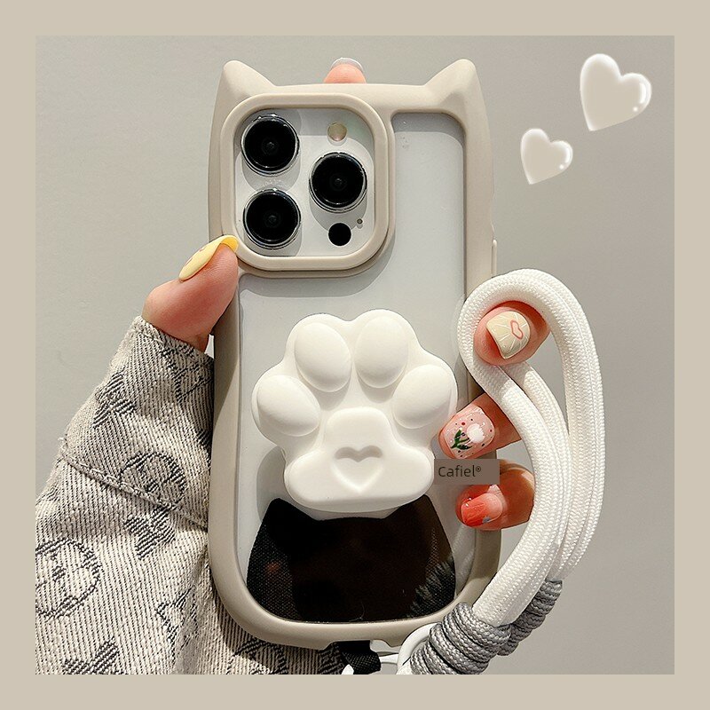 Силиконовый прозрачный чехол для iPhone 16 с белой кромкой и 3D-изображением кошачьих ушей, плюс кошачий лапки-стойка,