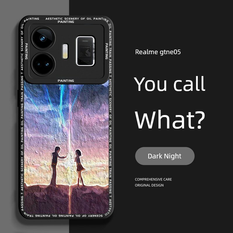 Чехол для Realme GT Neo5 из жидкой силикона с защитой от ударов и кот-глазом - Темно-черный с арт-паттерном Как вас