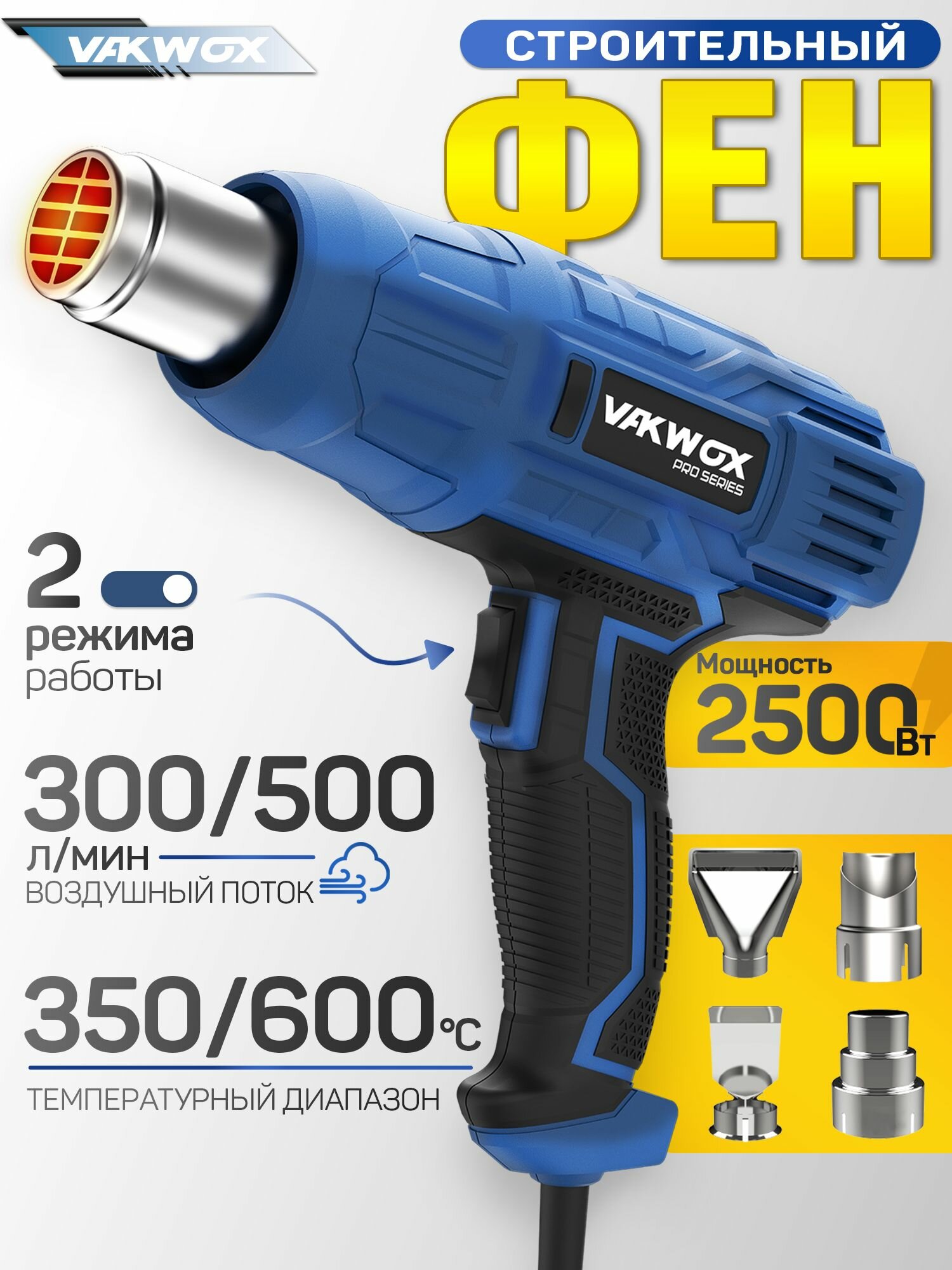 Строительный фен , Промышленный фен ,2500 Вт, 2 режима, 350/600C,4 насадки, 300/500 л/мин, профиссиональная