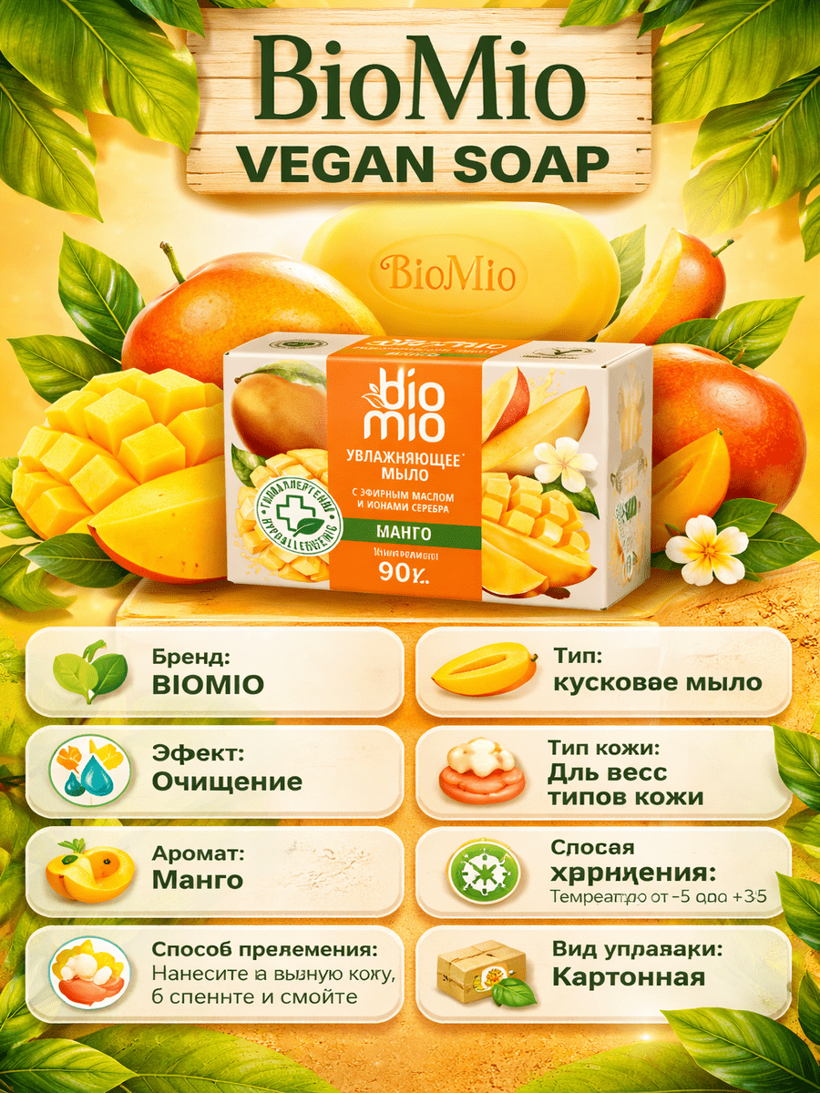 Мыло туалетное BioMio Vegan Soap Баттер манго, 90г