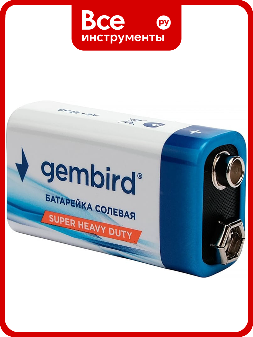 Батарейки Gembird солевые, тип Крона(6F22), 1шт, пленка, GB-6F22-1F