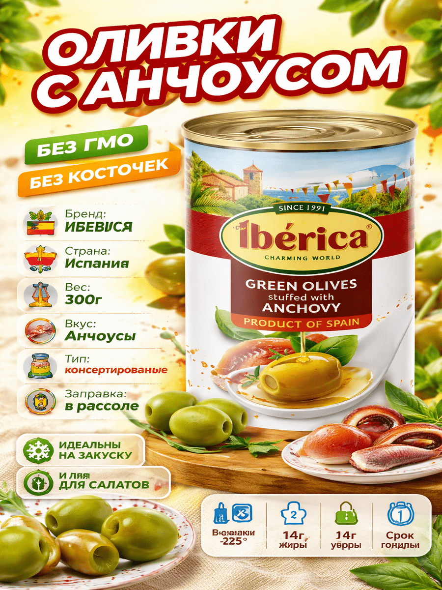 Оливки Iberica с анчоусом, 300г
