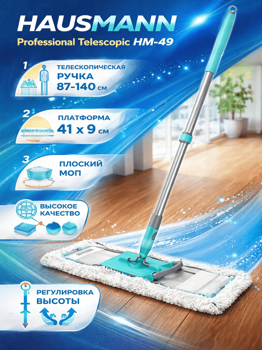 Швабра Hausmann Professional Telescopic HM-49 для влажной уборки пола с телескопической ручкой 87-140см, платформа 41 х 9см