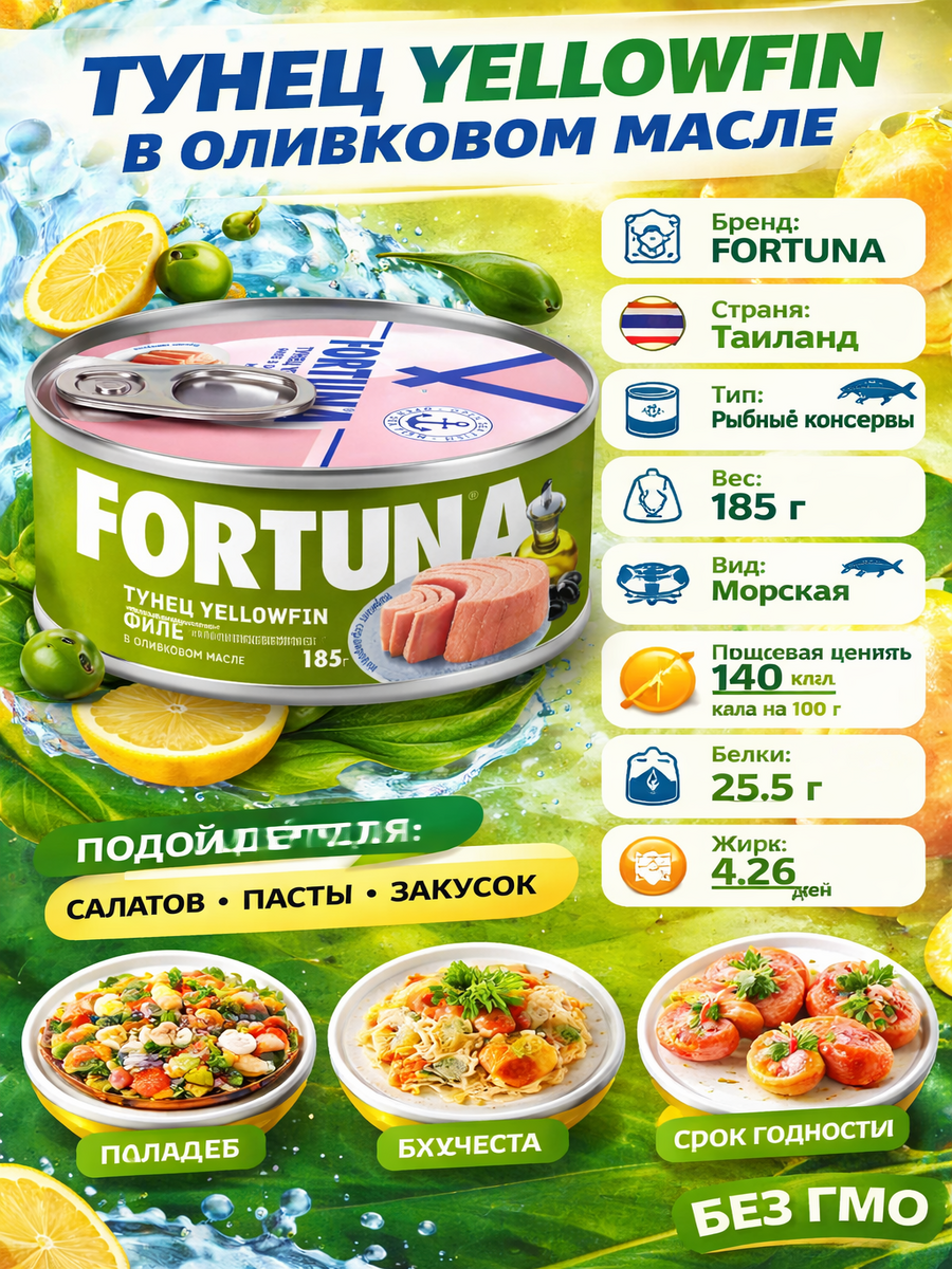 Тунец желтоперый Fortuna Yellowfin филе с оливковым маслом, 185г