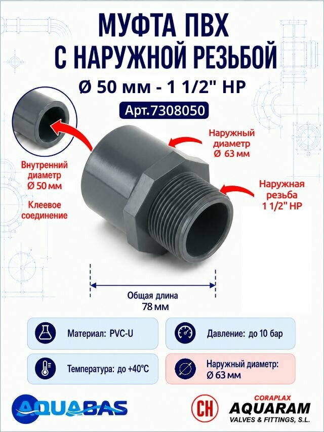 Переход ПВХ D50/63-1 1/2" НР (клей-резьба) CORAPLAX, муфта переходная