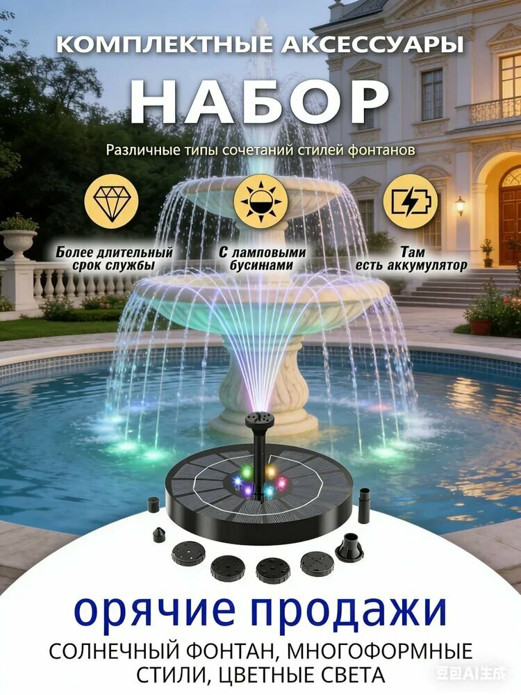 Фонтан для дачи с солнечной подзарядкой и цветной подсветкой