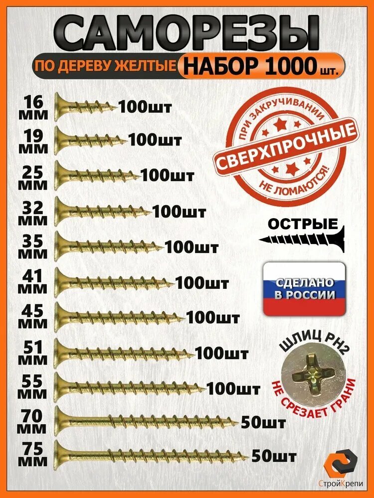 Саморезы по дереву желтые набор 1000шт