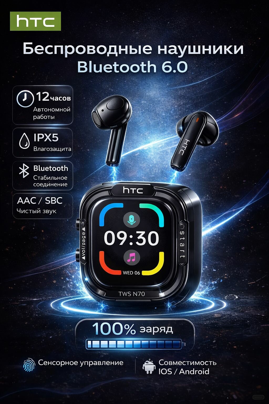 Наушники беспроводные с микрофоном, Bluetooth, USB, USB Type-C, черный