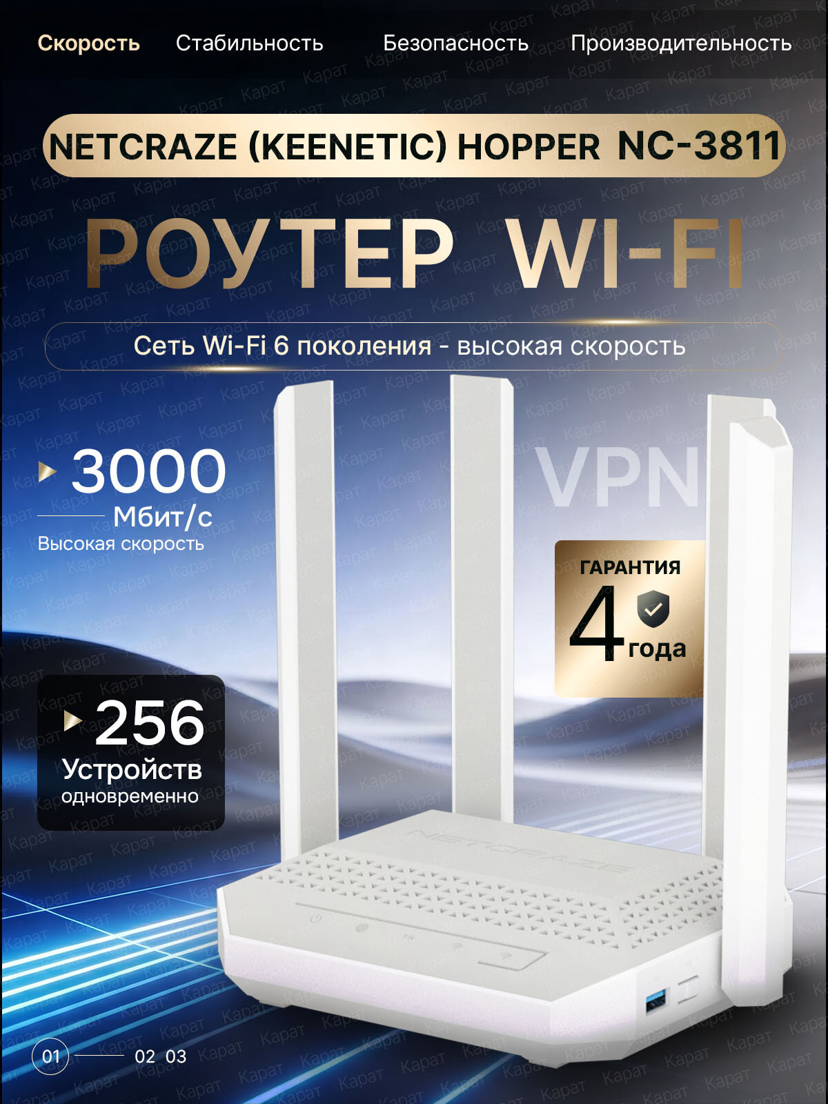 Роутер NETCRAZE (Keenetic) Hopper NC-3811, Wi-Fi 6 AX3000, Mesh, 4 порта 1Гбит/с, USB 3.0