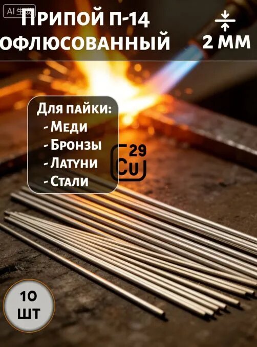 Припой для пайки меди, медно-фосфорный с флюсом для медных труб П 14, набор 10 шт, 2 мм