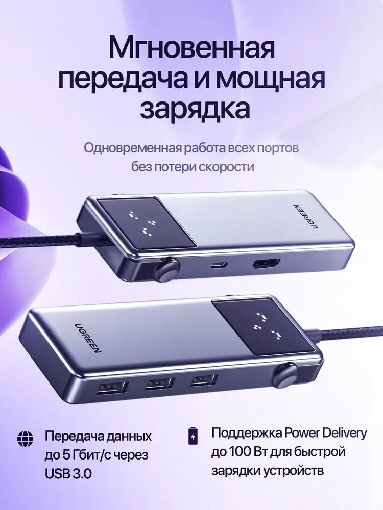 UGREEN USB Type-C концентратор CM888, 7 в 1, HDMI, RJ-45 Ethernet, 4K@60Hz, 100W PD, серебристый — фото 1