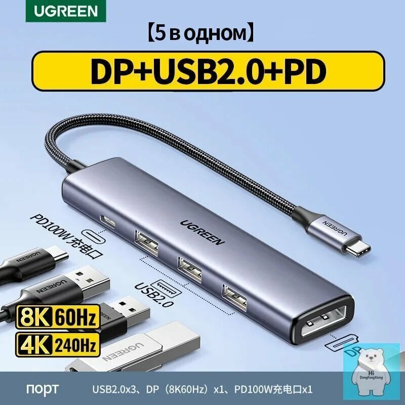 Ugreen Переходник USB HUB 5 в 1. USB разветвитель, type c DP, док станция type c, usb хаб для macbook, DP, USB 2.0, PD