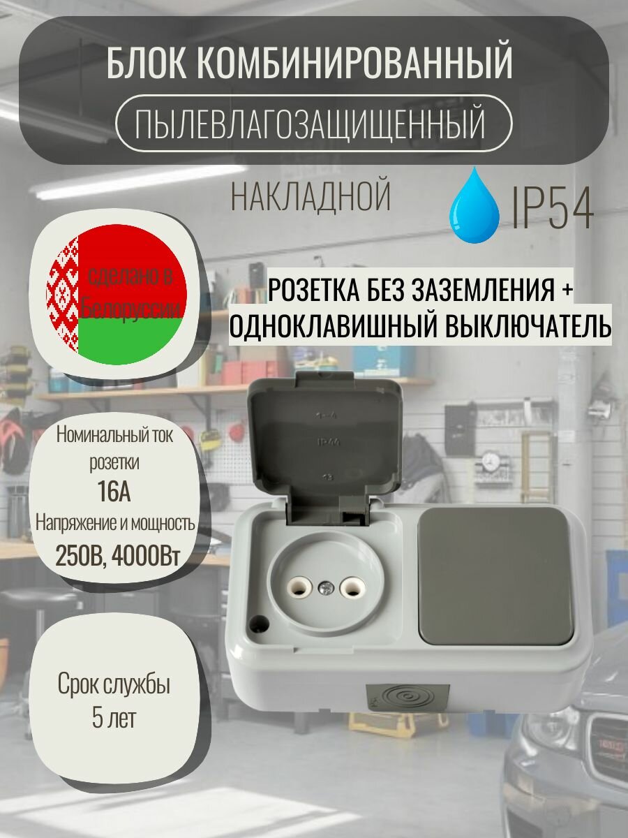 Блок комбинированный накладной (наружный) розетка без земли, с крышкой + выключатель одноклавишный серый Bylectrica В-РЦ-653 (03) влагозащита IP54