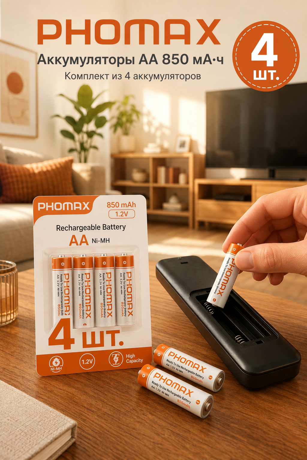 Аккумуляторы PHOMAX, Ni-MH, AA, 850 mAh, 4 шт, для домашнего использования